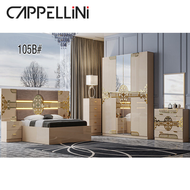 Turkish High Glossy Bedroom Sets Furniture MDF Wood King Size Storage Bed